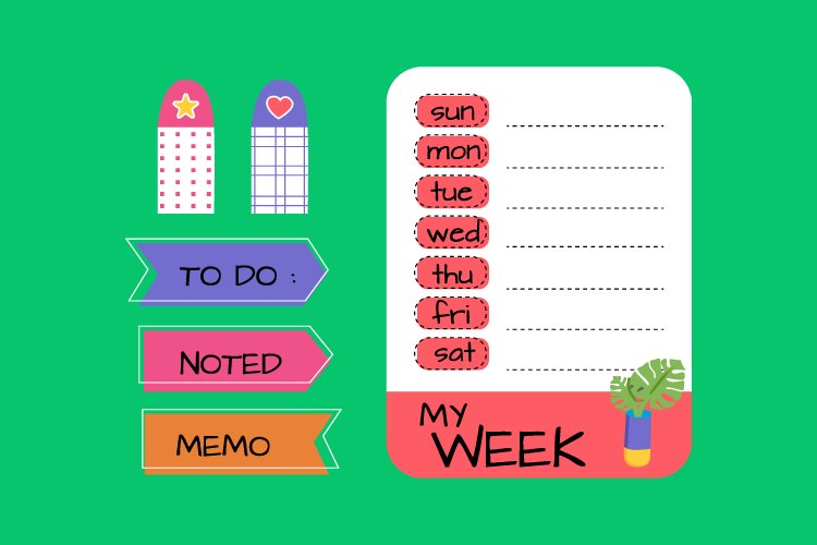 Colorful weekly planner paper template with sticker