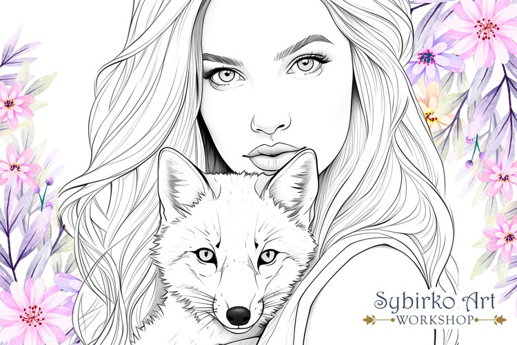 Beautiful Lady and Fox coloring page. Adult colouring page.