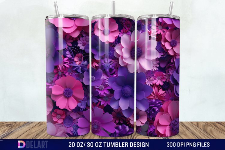3D Fuchsia and Violet Flowers Tumbler Wrap