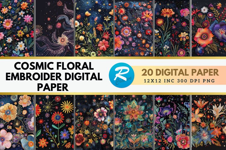 Cosmic Floral Embroider Digital Paper Bundle
