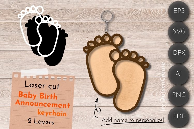 Baby Birth Announcement keychain, baby feet laser cut file
