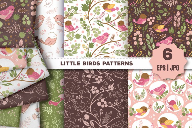 Cute Birds In The Garden Patterns Set