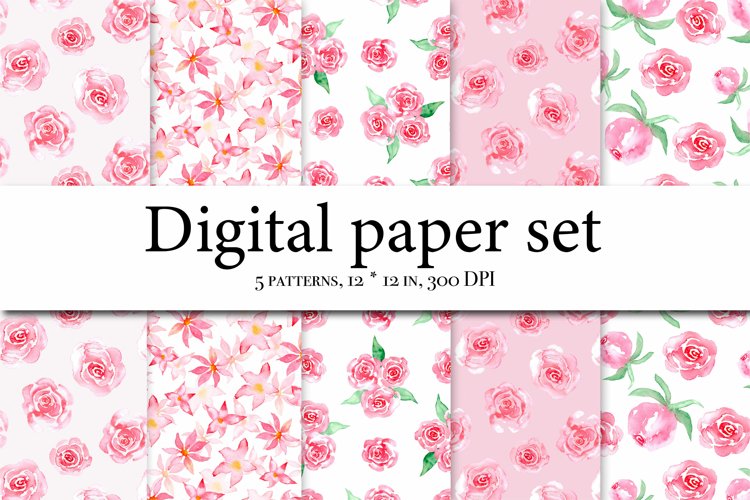 Watercolor digital paper pack, pink roses scrapbook