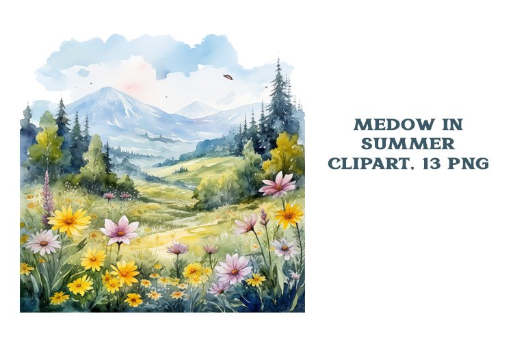Summer meadow clipart, watercolor clipart PNG, landscape