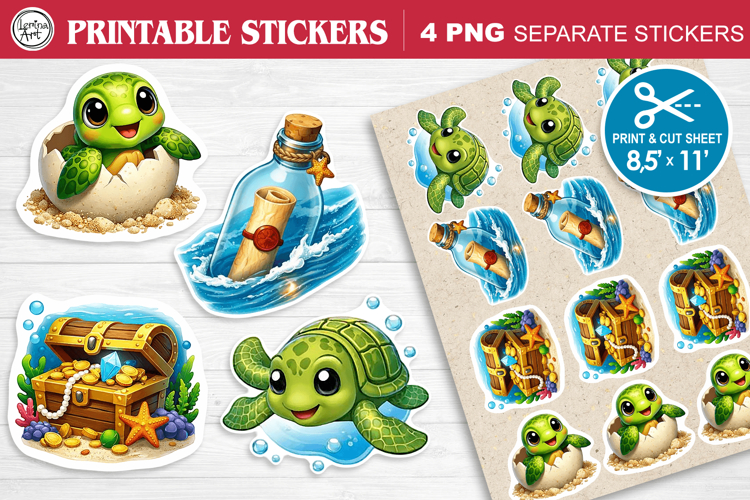Cute Turtle. Stickers design PNG