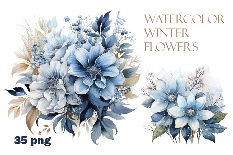 Winter flowers , watercolor flowers and leaves, clipart, sub