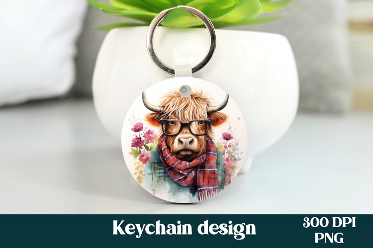 Highland cow keychain design | Cow flower keychain PNG