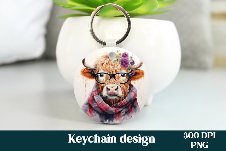 Highland cow keychain design | Cow flower keychain PNG