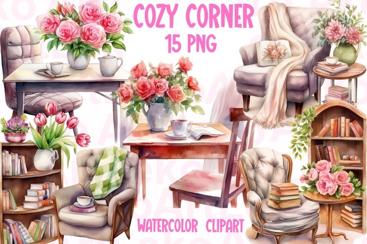 Cozy Corner Watercolor Clipart, Home Decor Interior