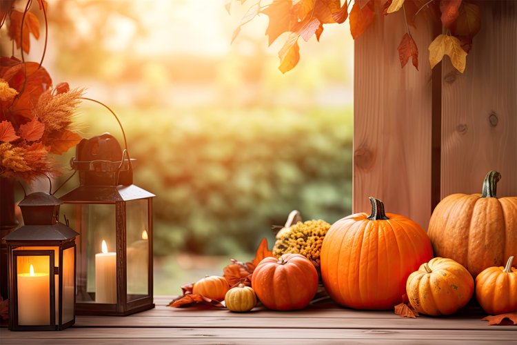 Cozy Thanksgiving vibes: decoration pumpkins and candles