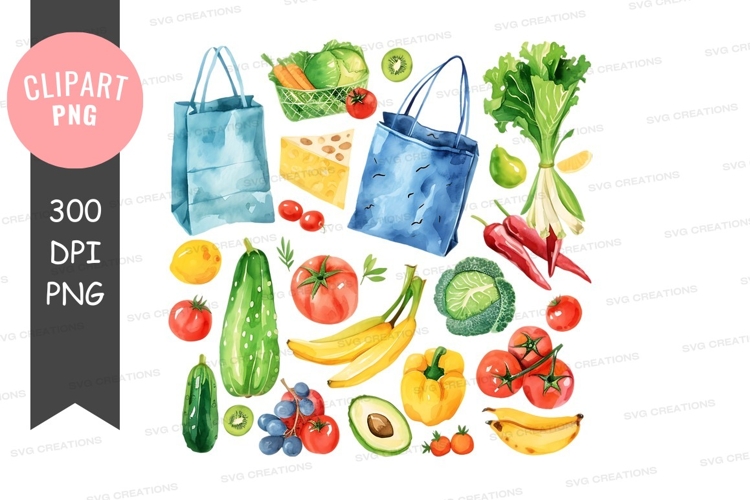 Fresh produce and grocery bags clipart png