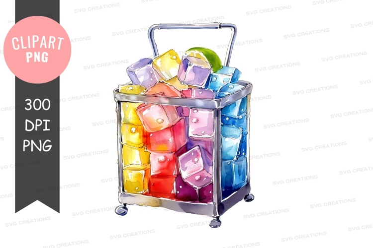 Rainbow colored ice cubes in a metal cart