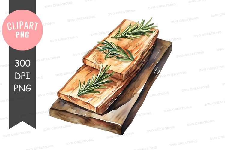 Stack of wooden planks with rosemary