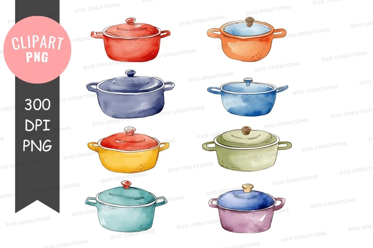 Colorful cast iron pots clipart png