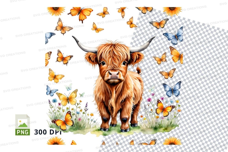 Highland cow in a field of butterflies