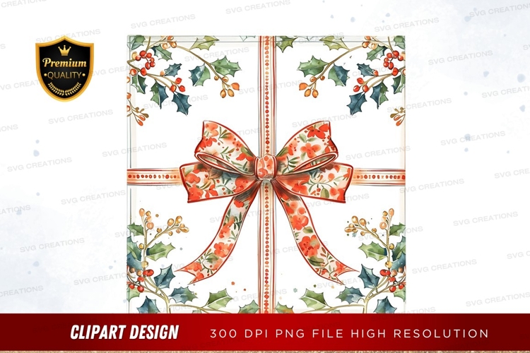 Festive gift wrap with holly and bow