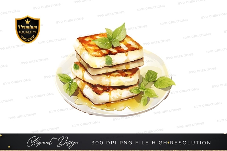 Stack of halloumi cheese with honey and basil