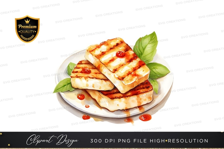 Grilled halloumi cheese with sauce and basil leaves