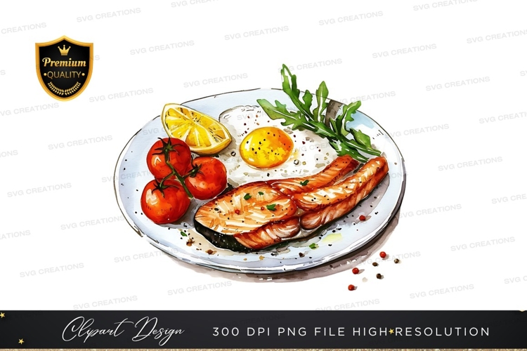 Grilled salmon with lemon and vegetables clipart png
