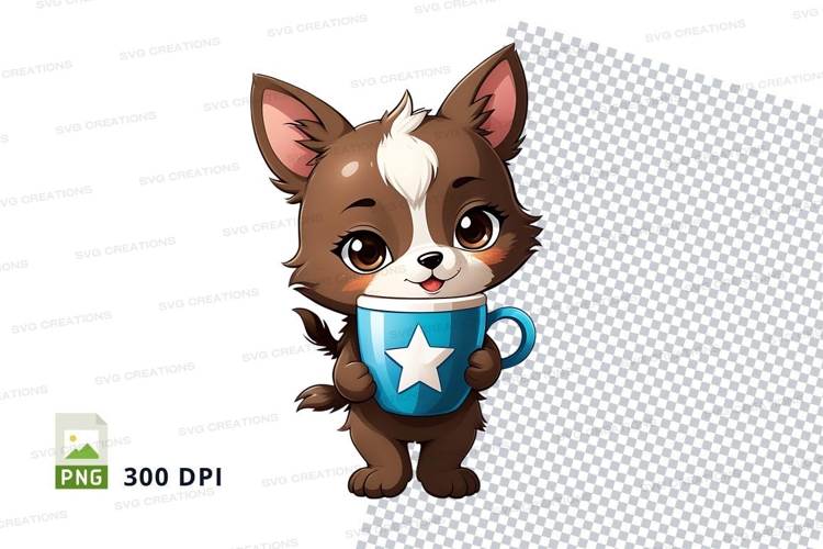 Cartoon fox holding blue mug with star