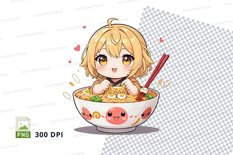 Anime chibi girl eating ramen tote bag mockup