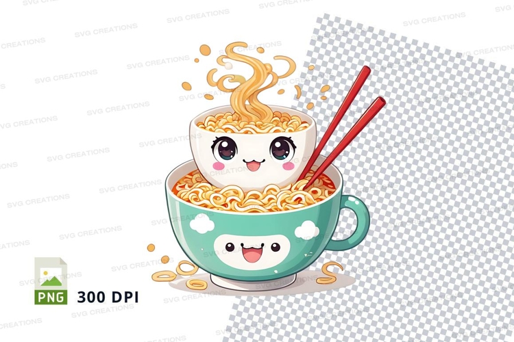 Cute kawaii cat in ramen bowl clipart png