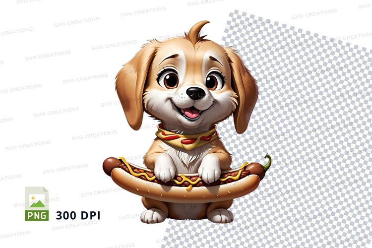 Cartoon dog sitting in hot dog bun clipart png