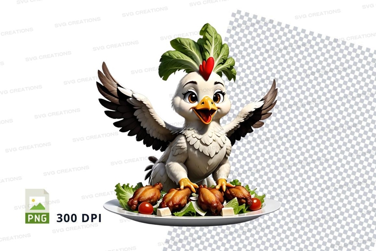 Cartoon chicken character holding salad