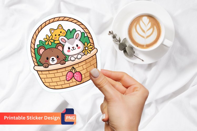 Cute Animals in Basket Sticker, Kawaii Animal Sticker