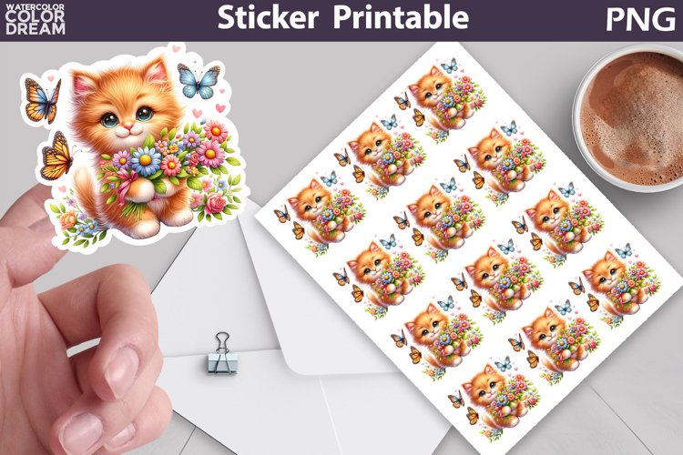 Cute Cat Sticker Printable | Fluffy Kitty Flowers (3199607)