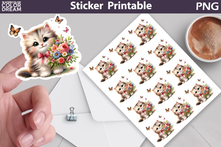 Cute Cat Sticker Printable | Fluffy Kitty Flowers (3199612)