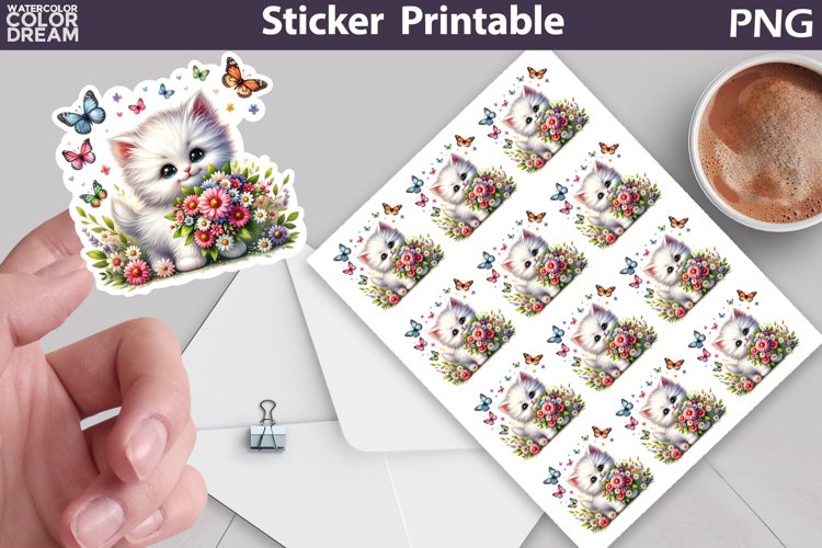 Cute Cat Sticker Printable | Fluffy Kitty Flowers (3199615)