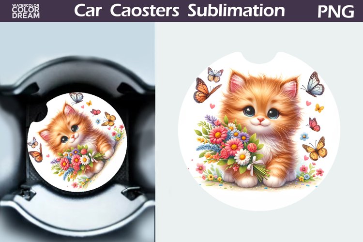 Cat Flowers Car Coaster | Cute Kitty Coaster | Car (3354309)