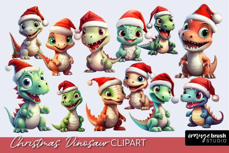 Cute Christmas Dinosaur Clipart Bundle - Dino with Santa Hat