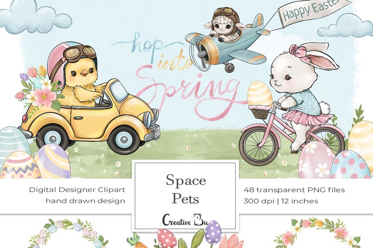 Cute Easter Animals on Vehicle Clipart Spring Illustration