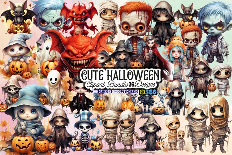 Cute Halloween Clipart Bundle, Watercolor Halloween Clipart