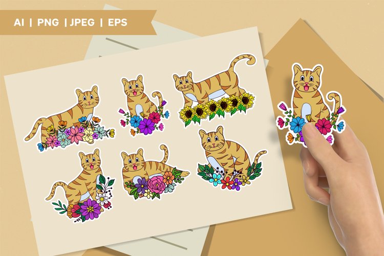 Cute Yellow Cat on the Top of Wildflowers Sticker Bundle