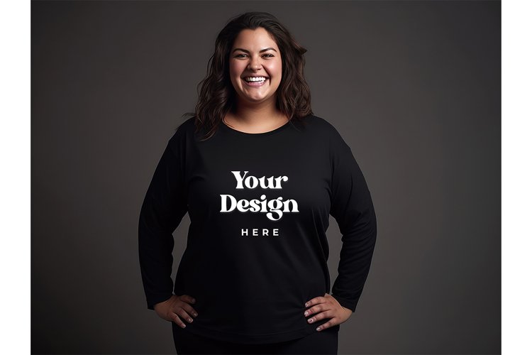 Plus Size Woman Long-Sleeve Tee Mockup Model Blank (2979698)