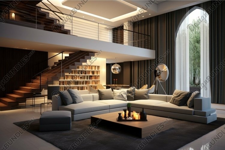 Modern luxurious living room interior with evening ambiance