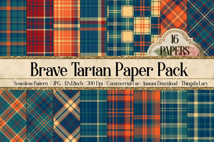 16 Seamless Orange and Green Tartan Digital Papers