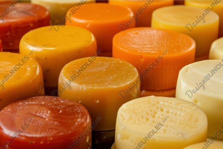 Assorted artisan cheese wheels closeup