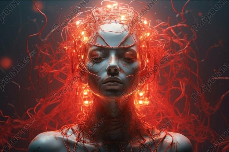 Futuristic cyborg woman with glowing red wires