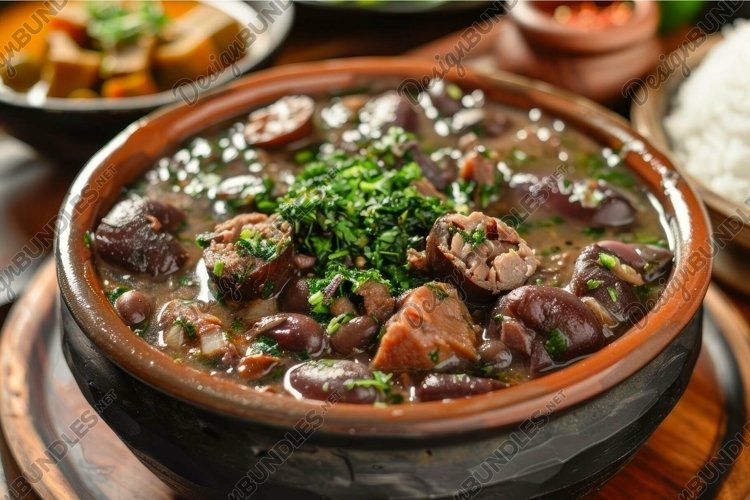 Traditional brazilian feijoada stew closeup