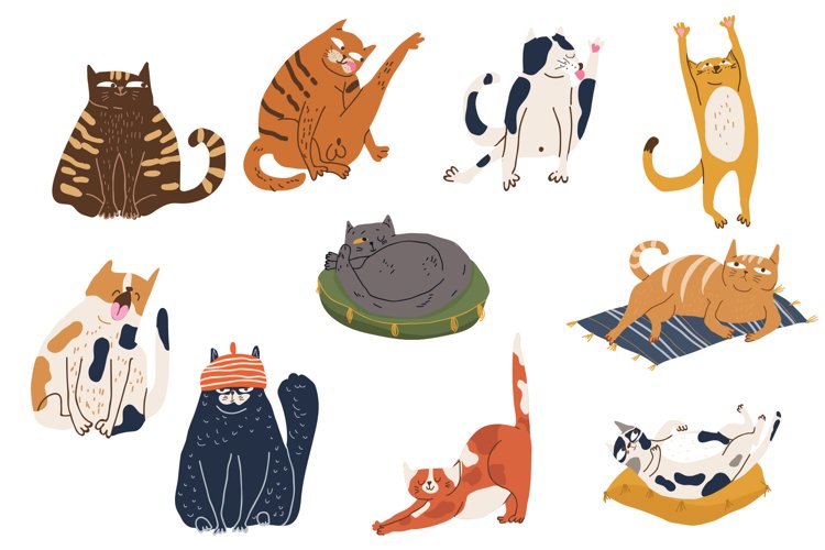 Funny, cute, furry fat cats sticker pack vector set