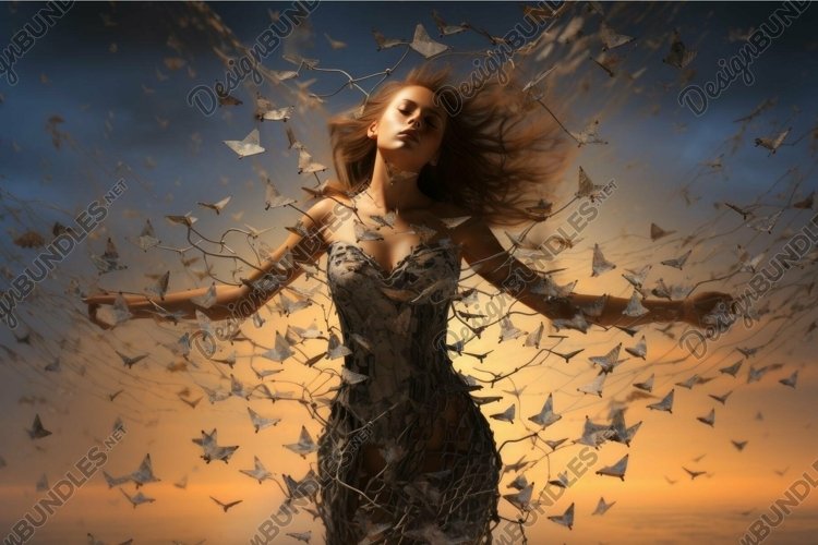Mystical woman in wind with flying leaves at sunset