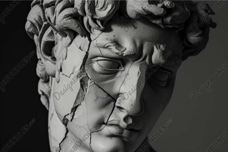 Cracked sculpture of classical bust in monochrome