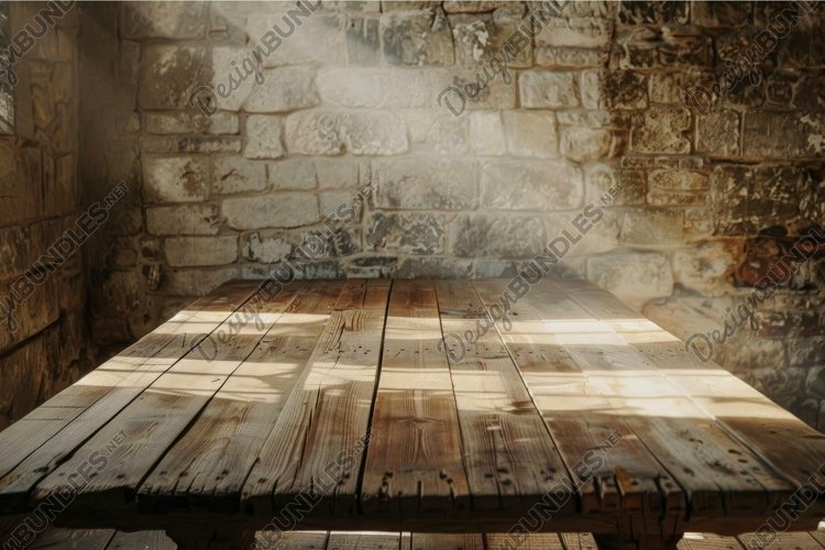 Sunlit rustic wooden table against stone wall