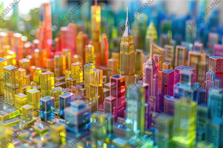 Closeup of a colorful miniature city model with detailed sky