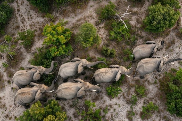 Aerial view of elephant herd in the wild