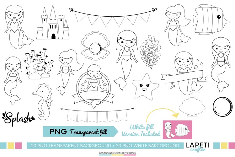 Mermaid digi stamps, mermaid coloring clipart, mermaid png